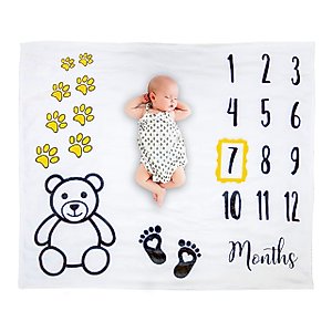 Baby Milestone Blanket for Baby Boy, Girl, Super Soft Teddy Bear & Paw Print Large Fleece, 47” x 43”, Includes Frame