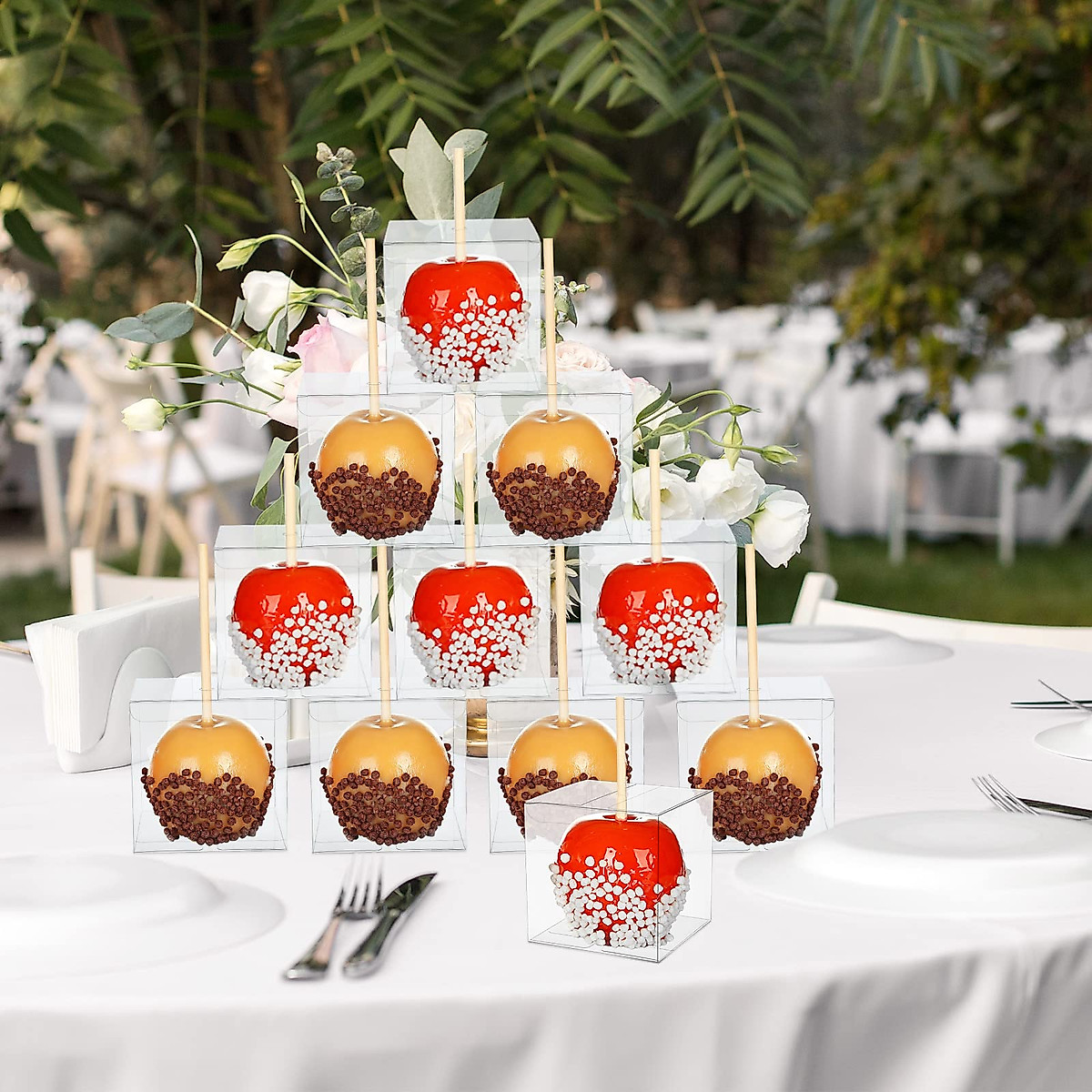 80 Pcs Candy Apple Boxes with Hole and Sticks Clear Candy Boxes for Wedding Transparent Plastic Caramel Apple Boxes for Wedding Baby Shower Party Cake Pops Cookies Chocolates Gift 4 x 4 x 4 Inch
