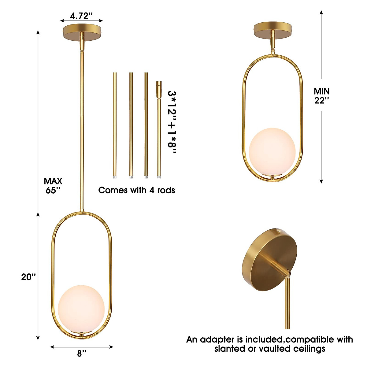 Bomluzo Modern Pendant Lighting Gold Hanging Light Fixture for Sloped Ceiling,Brass Pendant Lighting Fixture Pendant Chandelier Globe Pendant Light for Kitchen Island,Dinning Room Bedside Lighting