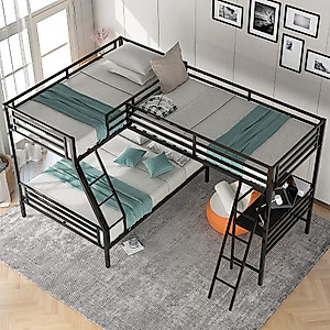 Twin Over Full Bunk Bed, L-Shaped Metal Triple Bunk Bed Frame Attached Twin Loft Bed with DeskLadderGuardrails, 3 Bed Bunk Beds for KidsTeens LF, Black