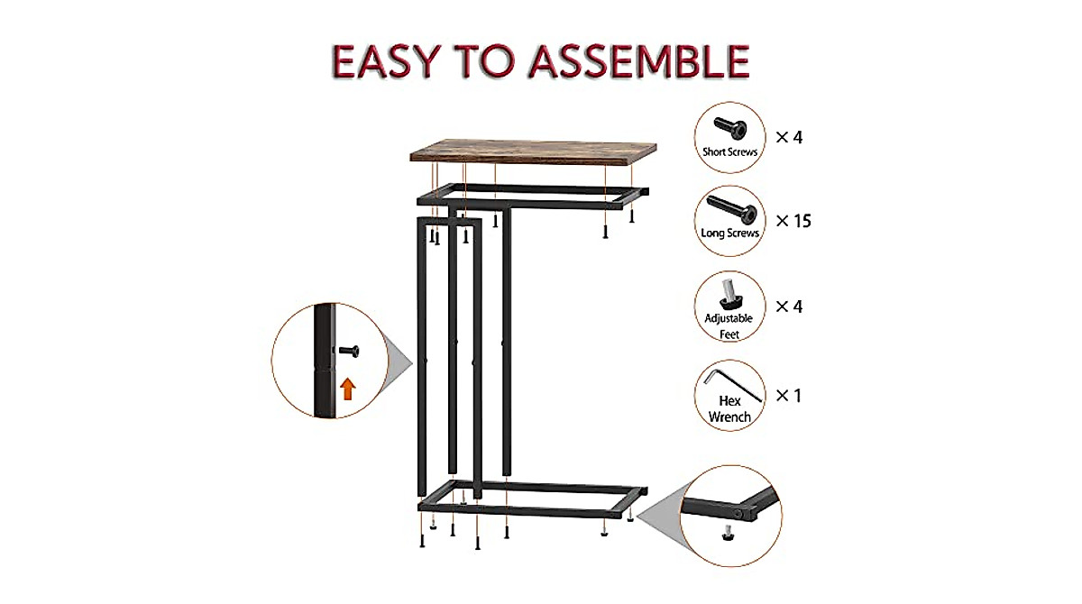 Yusong Small C Shaped End Table - Slim, Easy Assembly & Rustic Brown