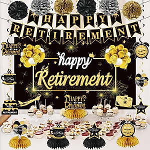 Kuxriox 20PCS Happy Retirement Party Decorations Kit for Men Women, Black Gold Retirement Banner Balloons Honeycomb Centerpiece Swirl Paper Pompoms Party Supplies, Retired Sash Table Topper Swirls Set