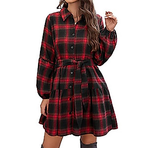 Blooming Jelly Womens Plaid Dresses Fall Long Sleeve Dress Trendy Ladies Dress Mini Babydoll Dresses with Tie Waist (Large,Red)