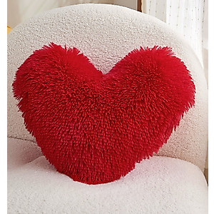 MOOWOO Red Heart Faux Fur Throw Pillow with Pillow Cover and Insert,Sherpa Plush Fluffy, Solid Color,Christmas Decorations,Valentines Day Decor, Heart Shape Gift for Girls,Love Pillow (Red)