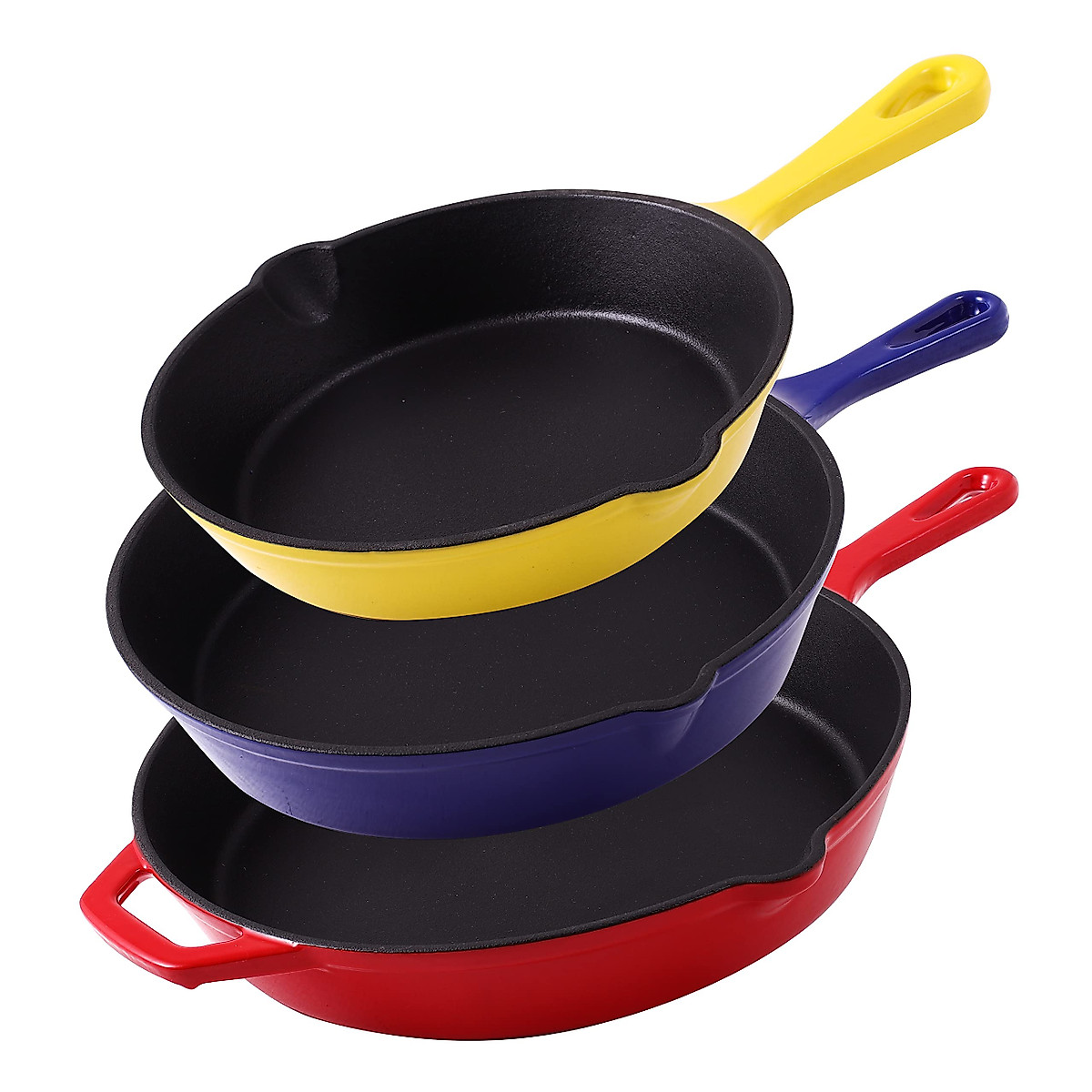 Klee Enameled Cast Iron Skillet, Set of 3 (8-inch, 10-inch, 12-inch) - Multipurpose Cooking Pan with Porcelain Enamel Coating and Pour Spout - Safe for Any Stovetop and Oven Up To 500°F