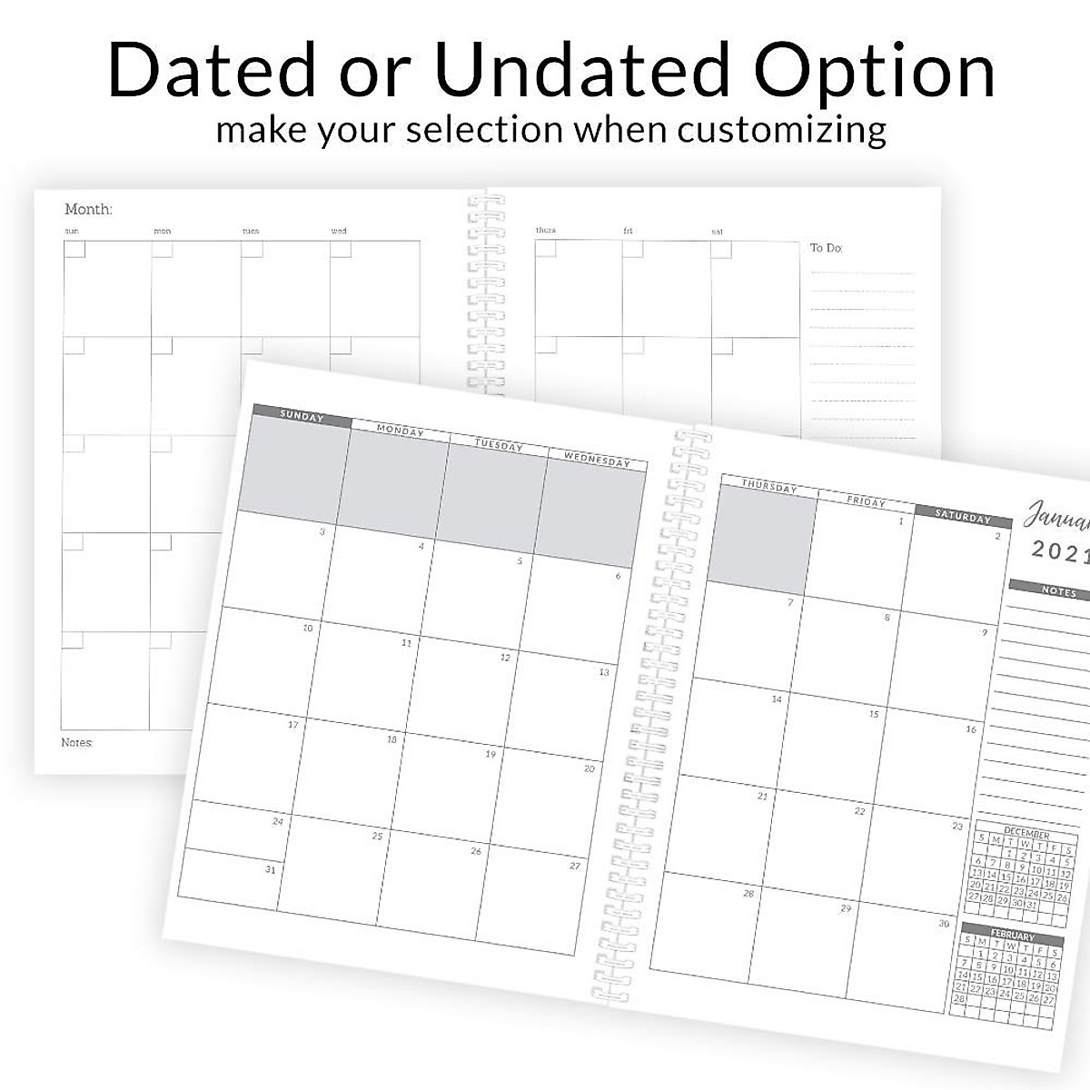 Floral Wreath Personalized Monthly and Weekly HARDCOVER Planner and Organizer, 1 full year, DATED or UNDATED OPTION, 8.5" x 11", lay flat wire-o spiral binding