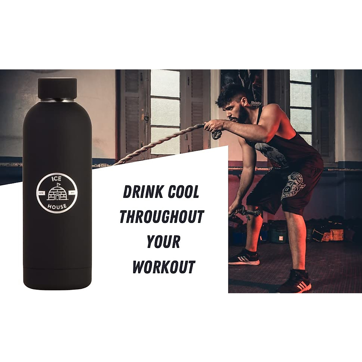 ICE HOUSE Sports Water Bottle - 18oz, Vacuum insulated stainless steel, Double walled,Cold 24Hrs, Hot 12hrs, Leak Proof, Sweat proof sport’s design (Black)