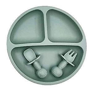 Mutualproducts 10 Pcs Baby Utensils – Silicone Baby Spoons and Forks for Self Feeding – Suction Plate - Anti-Choke Baby Feeding Supplies – Baby Led Weaning Set with Bibs – Great Gift Set (Green)