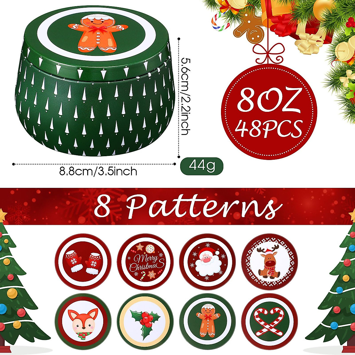 Uiifan 48 Pcs Christmas Candle Tins Cookie Tins Metal Candles Tin Gifts Jars with Lids 8 oz Candy Tinplate Retro Tins Round Containers for Candle Holiday Gift Giving Treat Biscuits Party Favors