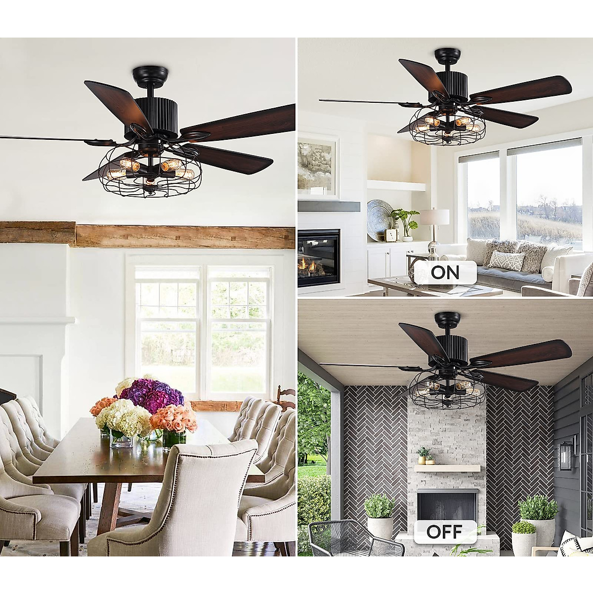 NOXARTE 52 inch Farmhouse Industrial Ceiling Fan with Light and Remote, Vintage Black Cage Fandelier, 5 Reversible Blades Chandelier Fans Light Kit for Bedroom Living Room, Quiet Motor