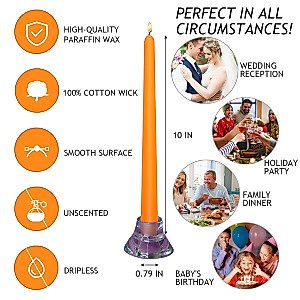 10 inch Orange Taper Candles for Home Decor, Set of 20 Unscented Dripless Candlesticks - 8 Hours Long Burning for Dinner, Wedding, Parties and Special Occasions