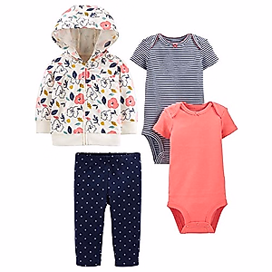 Simple Joys by Carter's Baby Girls' 4-Piece Jacket, Pant, and Bodysuit Set, Coral Pink/Ecru Floral/Navy Dots/Stripe, 18 Months