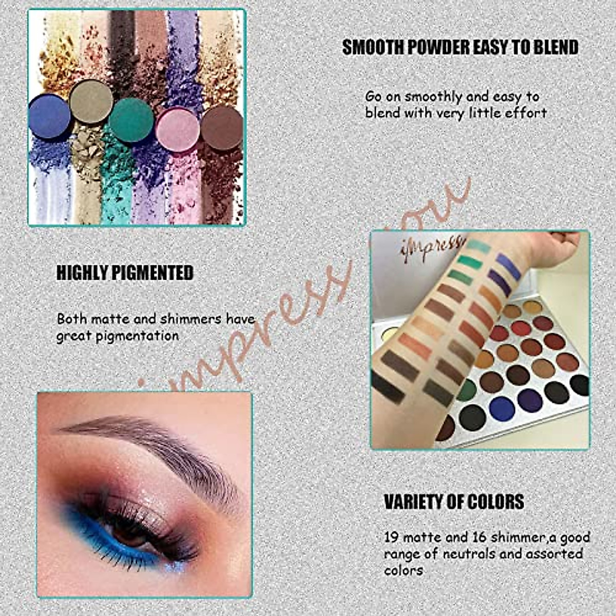 Impress You Eyeshadow Palette, Highly Pigmented 35 Shades Matte and Shimmers Makeup Palette, Blendable Long Lasting Waterproof Eye Shadow, No Flaking, Little Fall Out, Stay Long, Hard Smudge, Cruelty- Free Makeup Pallet, Full Face Eye Make Up for Beginner