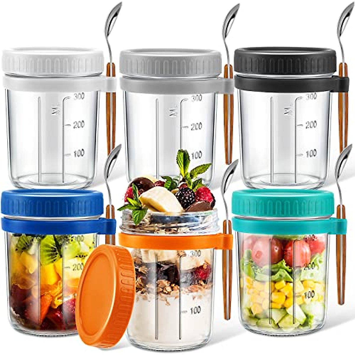 Inbagi 6 Sets Overnight Oats Jars with Lids and Spoons 12 oz Airtight Overnight Storage Containers with Measurement Marks Salad Jars for Cereal Milk Yogurt Vegetable Fruit, 6 Colors
