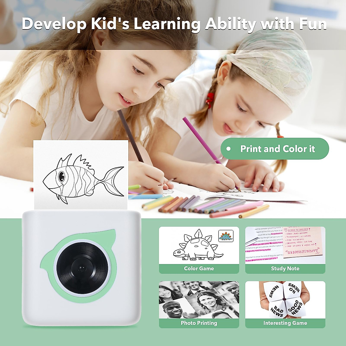 Bisofice Pocket Printer Wireless Bluetooth Thermal Printers, Label Maker, for DIY, Photo Printing, Study Notes, Journal, Work Plan, Inkless Smart Printer Gift, with a Roll Thermal Paper