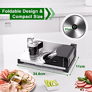 Foldable Electric Meat Slicer Machine, SASA ROCOO Home Use Food Slicer, 0-18mm Adjustable Slice Thickness,Removable Stainless Steel Blade,Detachable Design,Safe Child Lock Protection-Silver