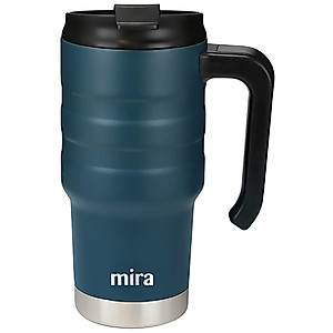 MIRA 20 oz Stainless Steel Travel Car Mug with Handle & Spill Proof Twist On Flip Lid - Vacuum Insulated Thermos Tumbler Keeps Coffee, Tea, Drinks Piping Hot or Ice Cold - French Blue