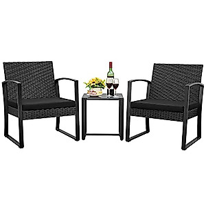 JUMMICO Patio Chairs 3 Piece Outdoor Furniture with All Weather Plastic Seat & Metal Frame Patio Conversation Set for Porch, Balcony, Poolside (Black)