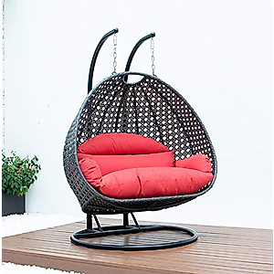 LeisureMod 2 Person Hanging Double Swing Chair, X-Large Wicker Rattan Egg Chair with Stand and Cushion for Indoor Outdoor Patio Garden (Red)