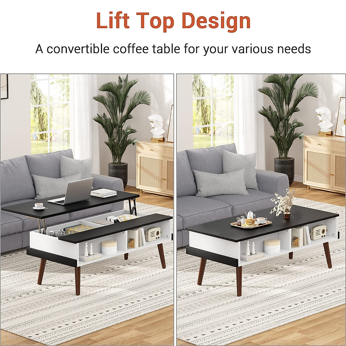 Aheaplus Lift Top Coffee Table Wood Pop Up Coffee Table with Storage Shelf for Living Room, Home Office, Black