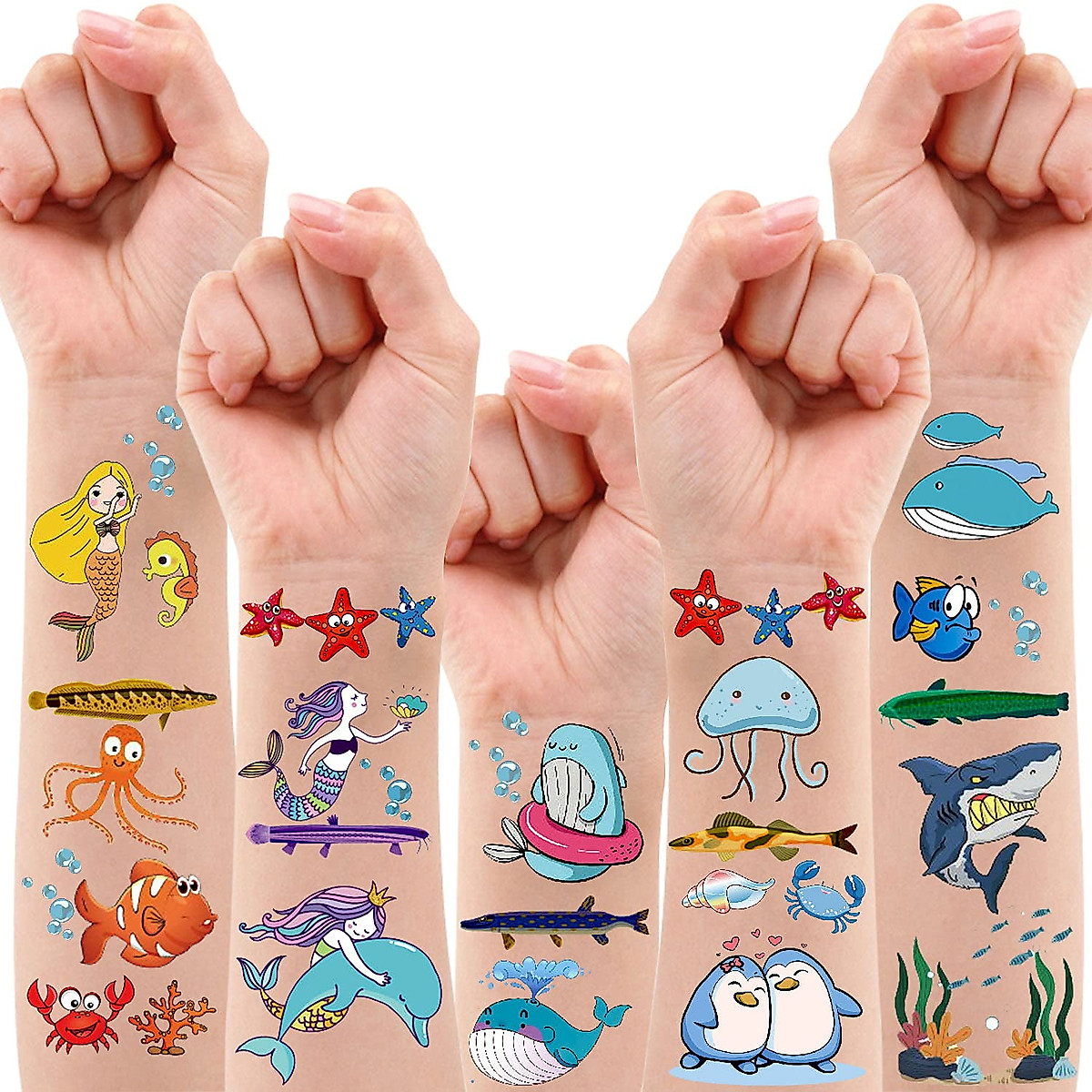 200 PCS Ocean Theme Temporary Tattoos for Kids, Beach Pool Under Sea Decorations Birthday Party Supplies Favors, Fake Tattoos Stickers With Mermaid Shark Tropical Fish Whale for Boys and Girls