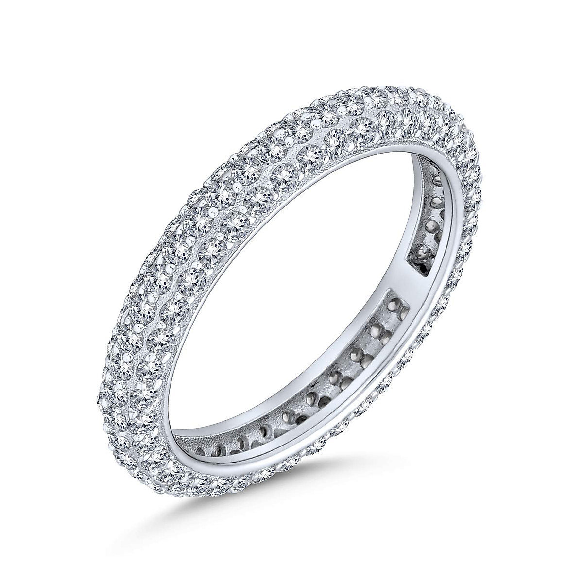 Pave CZ Cubic Zirconia Stackable Eternity Anniversary Wedding Dome Band Ring For Women Sterling Silver