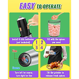 Rongyuxuan Gravity Electri Salt and Pepper Mill Set,Pepper Grinder with Ceramic Rotor,Acrylic Container,Stainless Steel Middle,Blue LED Light,Battery Powered,Adjustable Coarseness,One Hand Use,Sliver