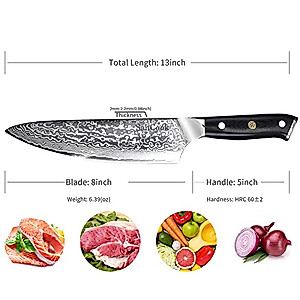 SanCook Damascus Chef Knife Kitchen Knife 8 Inch, Professional Damascus Steel Knife Japanese VG10 Super Stainless Steel Blade with G10 Handle, Chef Gifts for Halloween,Christmas
