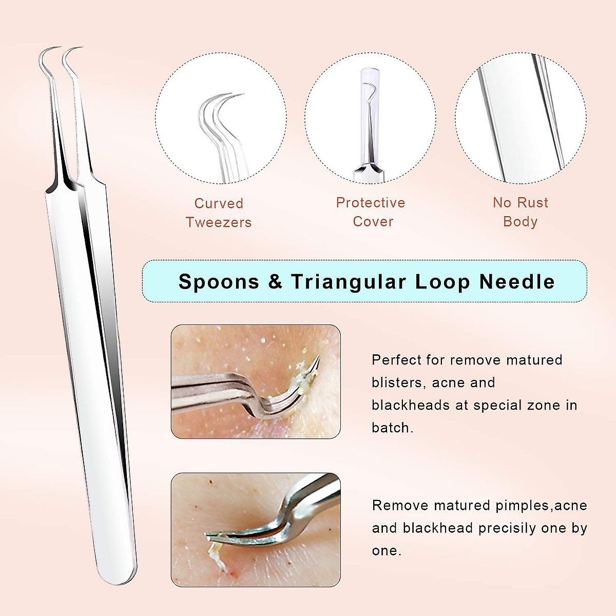 7PCS Blackhead Remover, Blackheads Extraction Removal Tool, Blemish Acne Pimple Extractor, Stainless Steel Removing Kit, Nose Face Clean Tools by OMDEAL