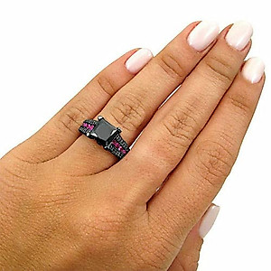 Princess & Round Cut Black Diamond & Pink Sapphire 14K Black Gold Plated 925 Sterling Silver Gothic Classic Black Bridal Set For Women's. (8)