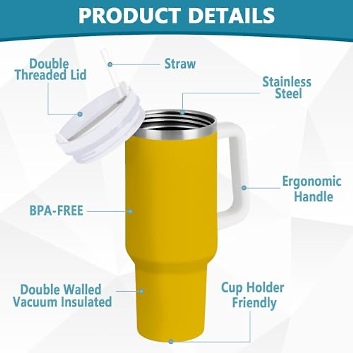 GAIGEO Chrome Yellow Thermal Cup, Reusable Stainless Steel Water Bottles, Double Wall Vacuum Insulation, Suitable for Family Office Sport