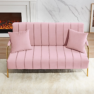 Pvillez Velvet Loveseat Modern Comfy Loveseat Sofa Couch for Living Room Upholstered Love Seats Furniture w/Gold Metal Legs loveseat for Small Spaces, Apartment, Bedroom, Dorm, Office (Pink Loveseat)