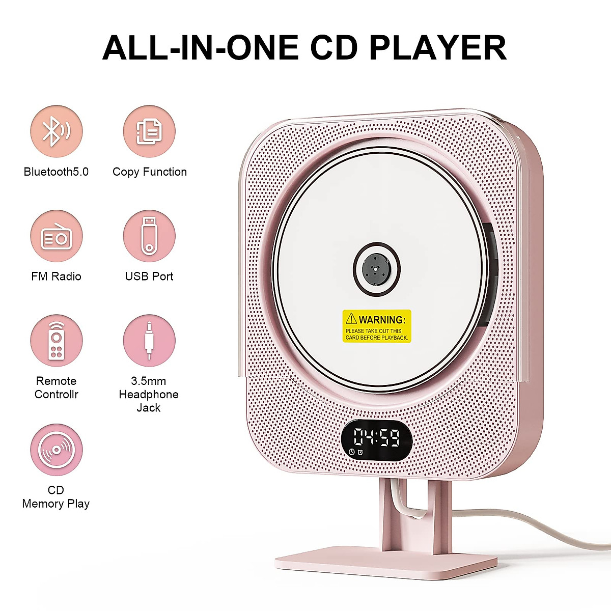 Kpop Pink CD Player Desktop/Wall,Wired Cute CD Music Player Gift for Kids with Bluetooth Speakers,CD Players for Home with Remote Control with LED Support Copy/FM Radio/Alarm Clock/CD/USB/TF/AUX