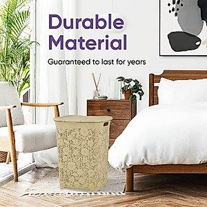 Superio Laundry Hamper with Lid Lace Design 50 Liter – 2 Pack Laundry Hamper Basket with Cutout Handles, Rectangular Shape Modern Style Bin -Dirty Cloths Storage (Beige 2 Pack)