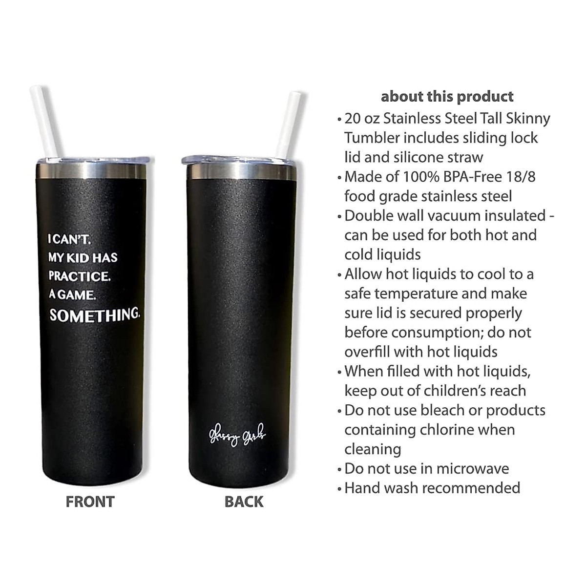 Glassy Girls I Can't. My Kid Has Practice. A Game. Something. Tumbler, Soccer Mom Gift, Gift for Mom, Band Mom Gift, Gift for Sports Mom, Sports Dad Gift, Funny Sports Travel Mug, 20oz Tumbler (Black)