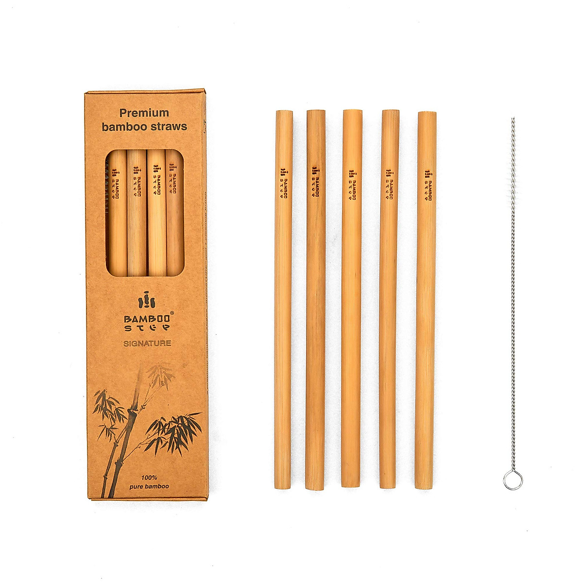 5 Bamboo Straw kit - Luxury Quality: 5 Reusable Straws of 20cm/7.9" from the SIGNATURE Line by Bamboo Step and a Cleaning Brush in a kraft paper box. (Regular Diameter Size: 0.35” / 9mm)