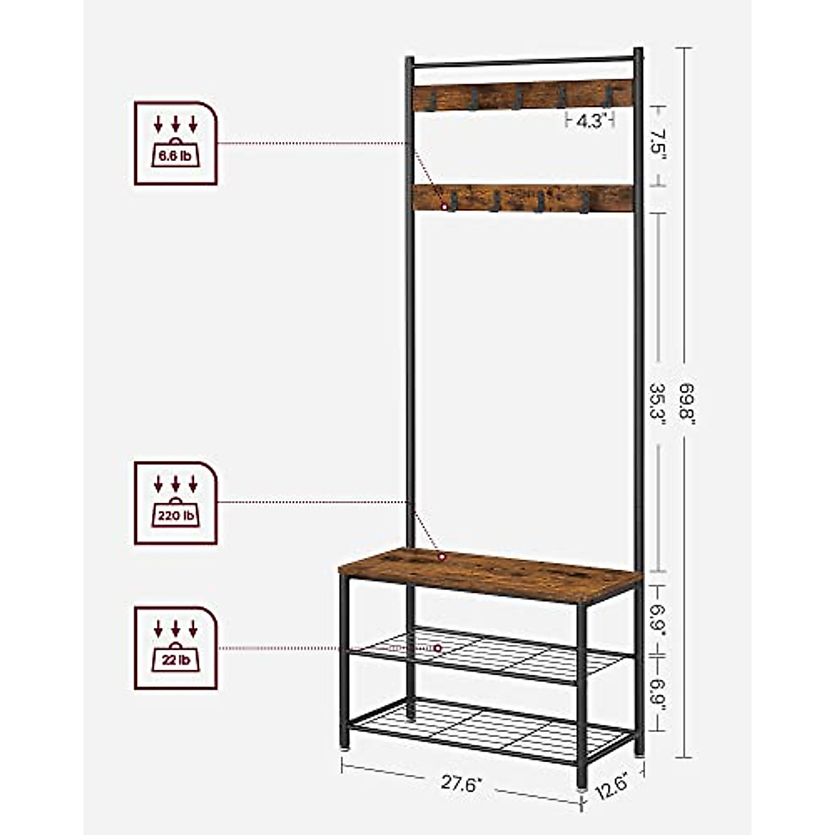 VASAGLE Coat Rack, Hall Tree with Shoe Storage Bench, Entryway Bench with Shoe Storage, 3-in-1, Steel Frame, for Entryway, 12.6 x 27.6 x 69.8 Inches, Industrial, Rustic Brown and Black UHSR41BX
