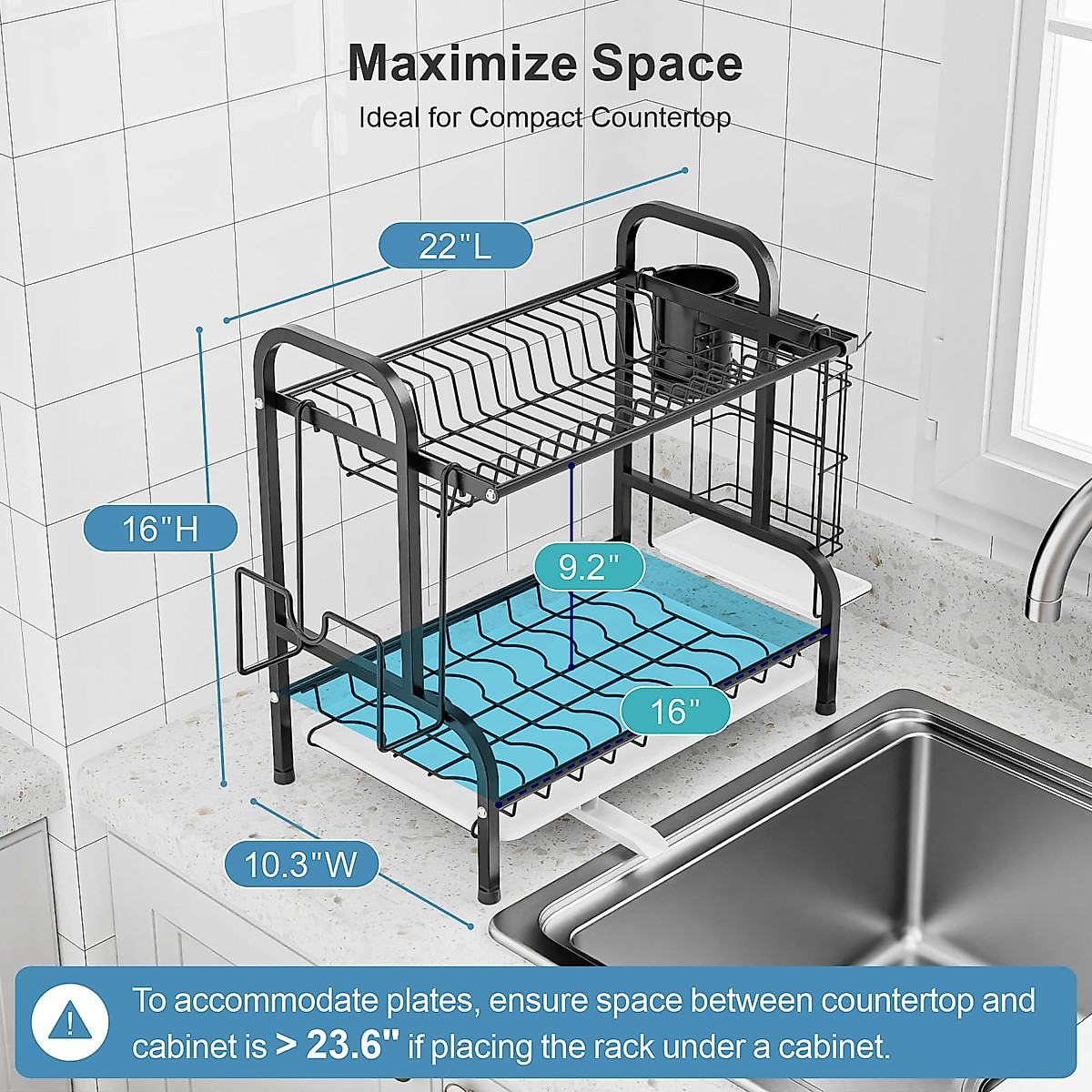 iSPECLE Dish Drying Rack, 304 Stainless Steel 2-Tier Dish Rack with Utensil Holder, Cutting Board Holder and Dish Drainer for Kitchen Counter