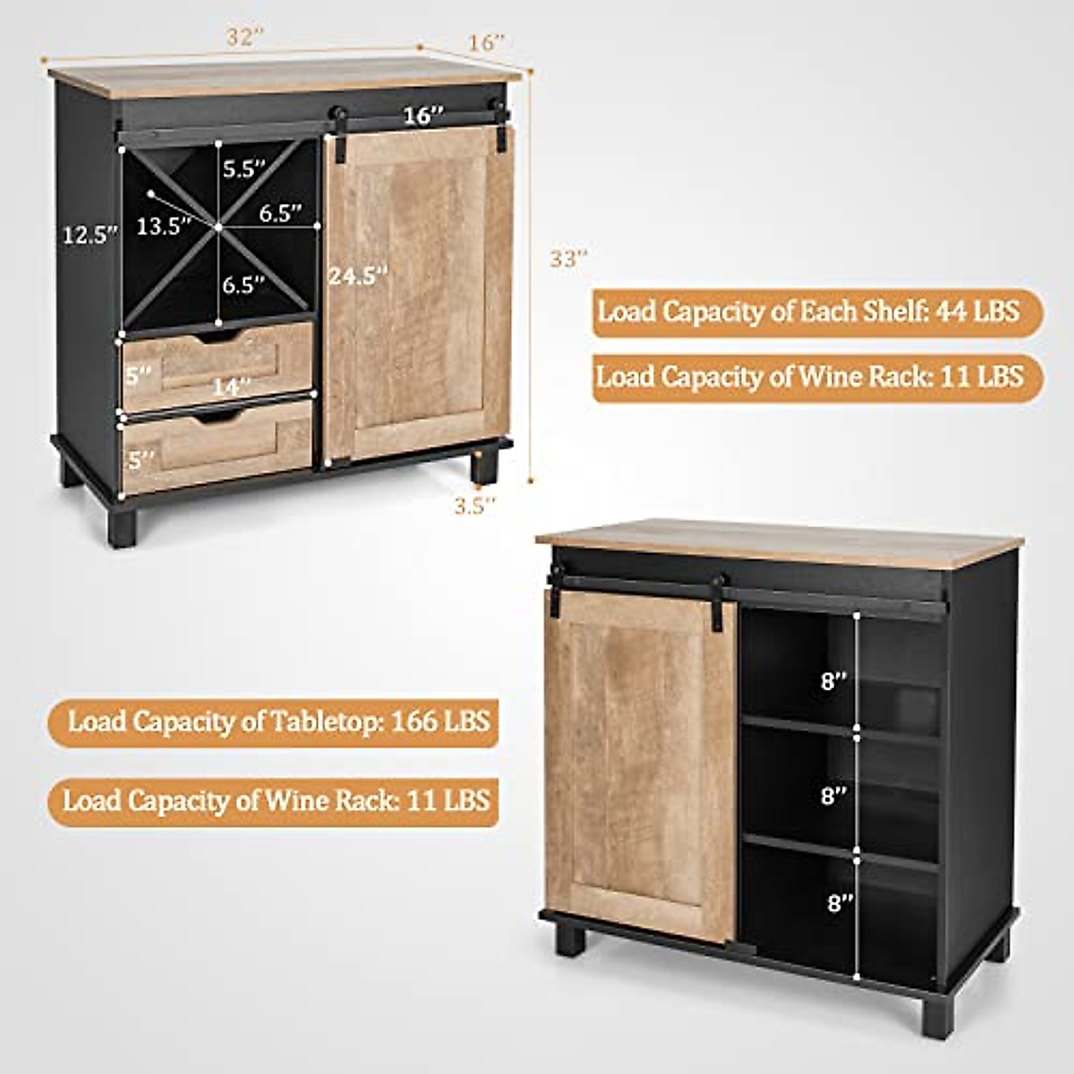 Giantex Buffet Sideboard, Coffee Bar Station with Sliding Barn Door, 2 Drawers, Wine Rack, Wood Cupboard Pantry, Farmhouse Storage Cabinet for Kitchen, Living Room (Natural & Black)