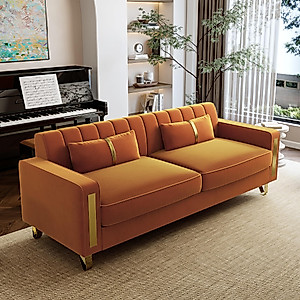 DOOSOODAA 2-Piece Loveseat Couch Set for Living Room, 86" Orange Velvet Sofa Couch with 4 Pillows & Gold Metal Legs, Modern Upholstered Sofa Set Love Seat Sectional Couches for Apartment Home Office