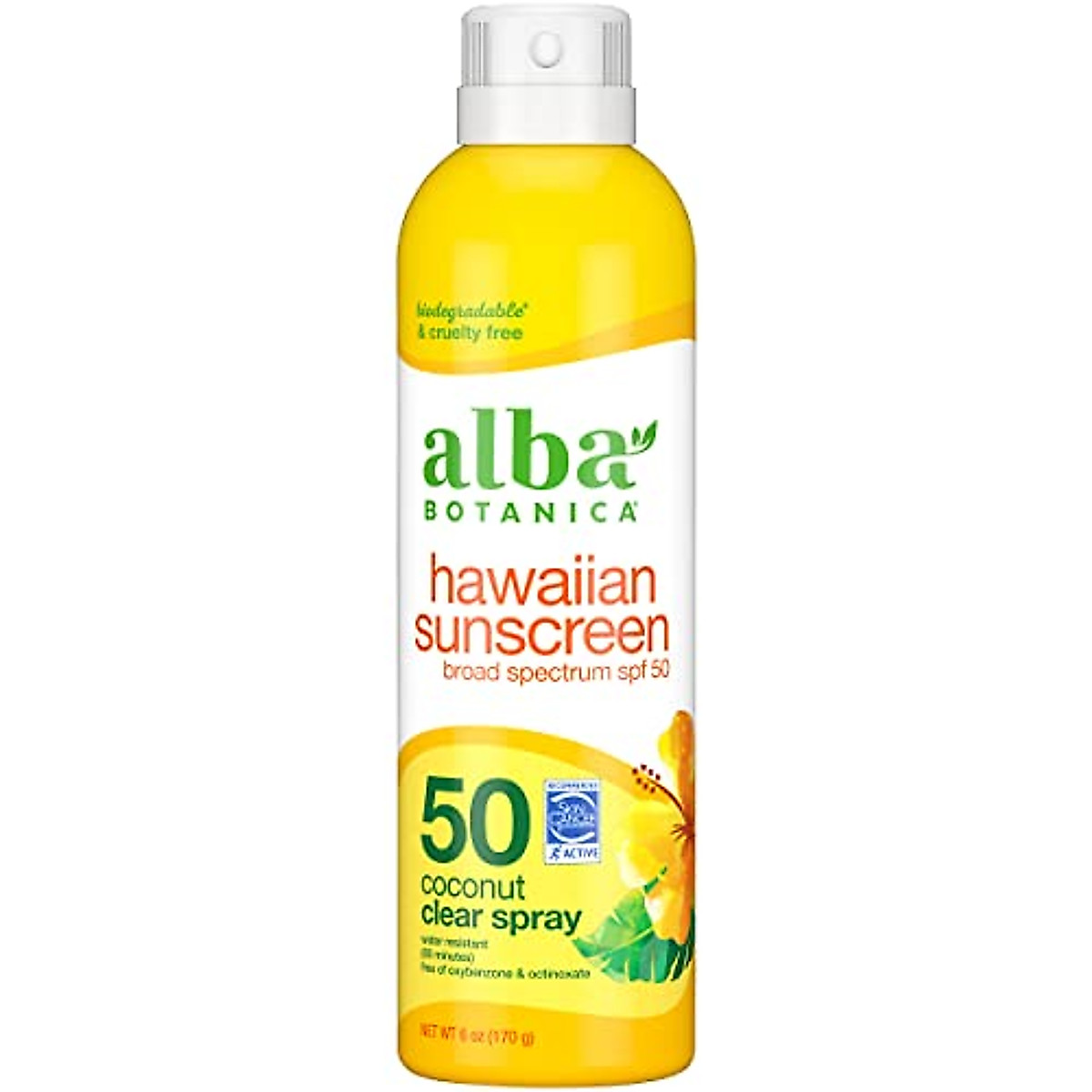 Alba Botanica Sunscreen for Face and Body, Hawaiian Coconut Sunscreen Spray, Broad Spectrum SPF 50 Sunscreen, Water Resistant and Biodegradable, 6 fl. oz. Bottle
