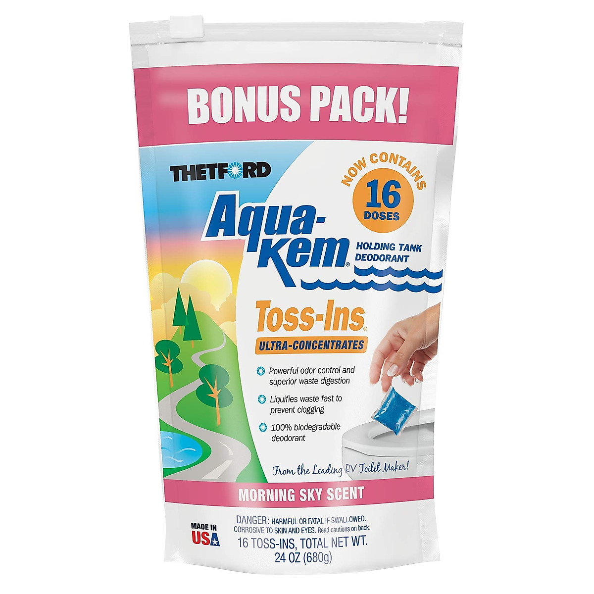 THETFORD Aqua-KEM Morning Sky Toss-Ins RV Holding Tank Treatment - Deodorant/Waste Digester/Detergent - Pack of 16 96570