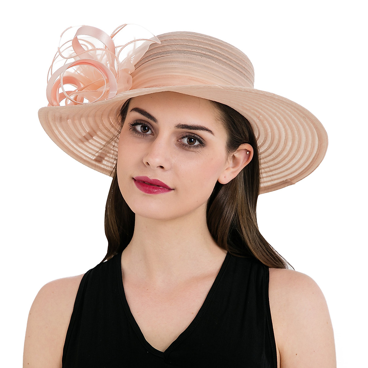 Dantiya Womens Organza Wide Brim Floral Feather Ribbon Kentucky Derby Church Dress Sun Hat, Flesh Pink Free