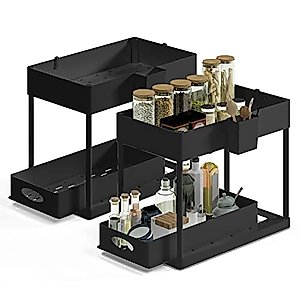 Under Sink Organizers and Storage | Bathroom Cabinet Organizer, Sink Shelf with Utility Hooks and Side Caddy for Under Cabinet Storage | Black (2-Pack) Under Kitchen Sink Organizer with Sliding Drawer