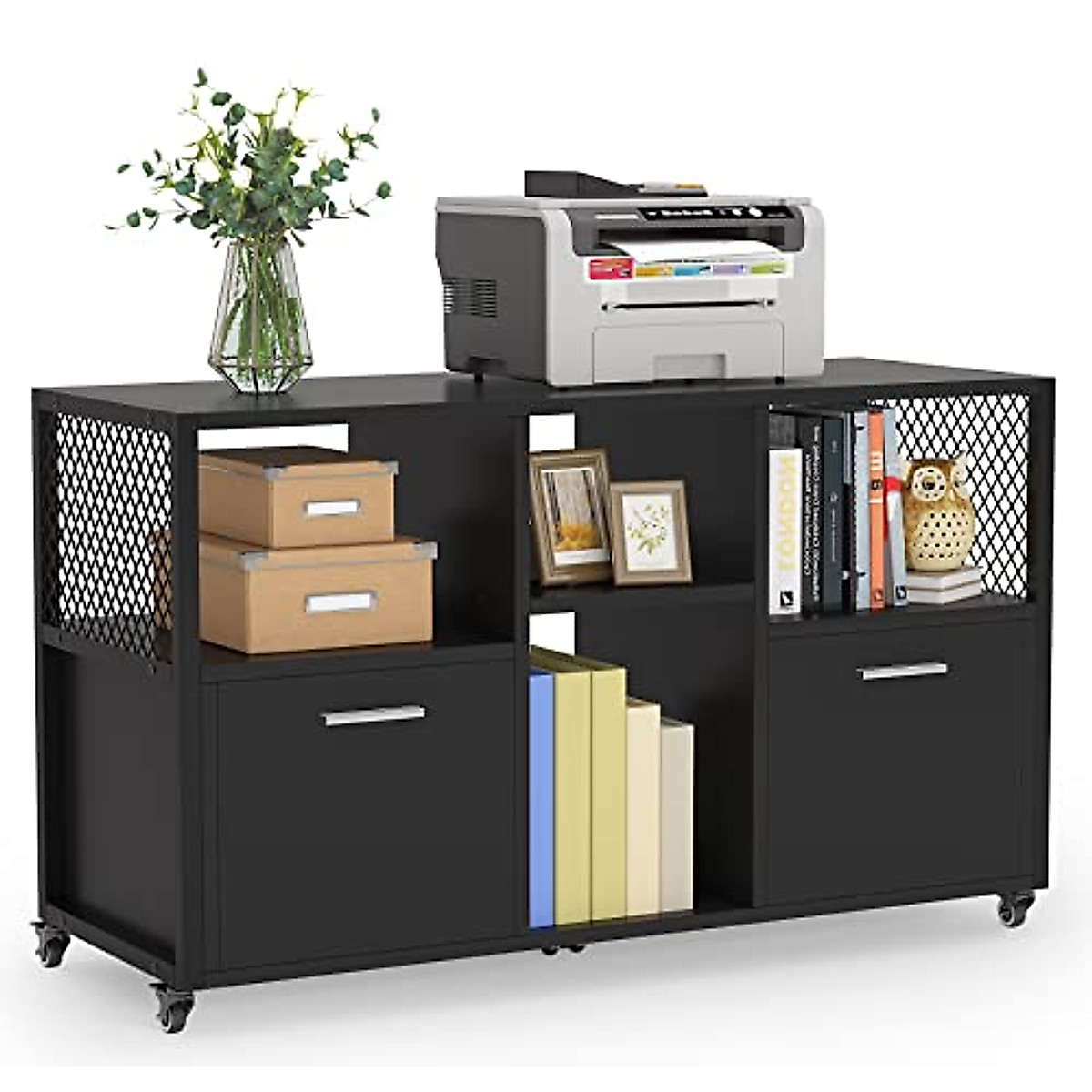 Tribesigns 2 Drawer Wood File Cabinets, Modern Mobile Lateral Filing Cabinet for Letter/ A4 Size, Printer Stand with Open Storage Shelves and Drawer for Home Office, Black