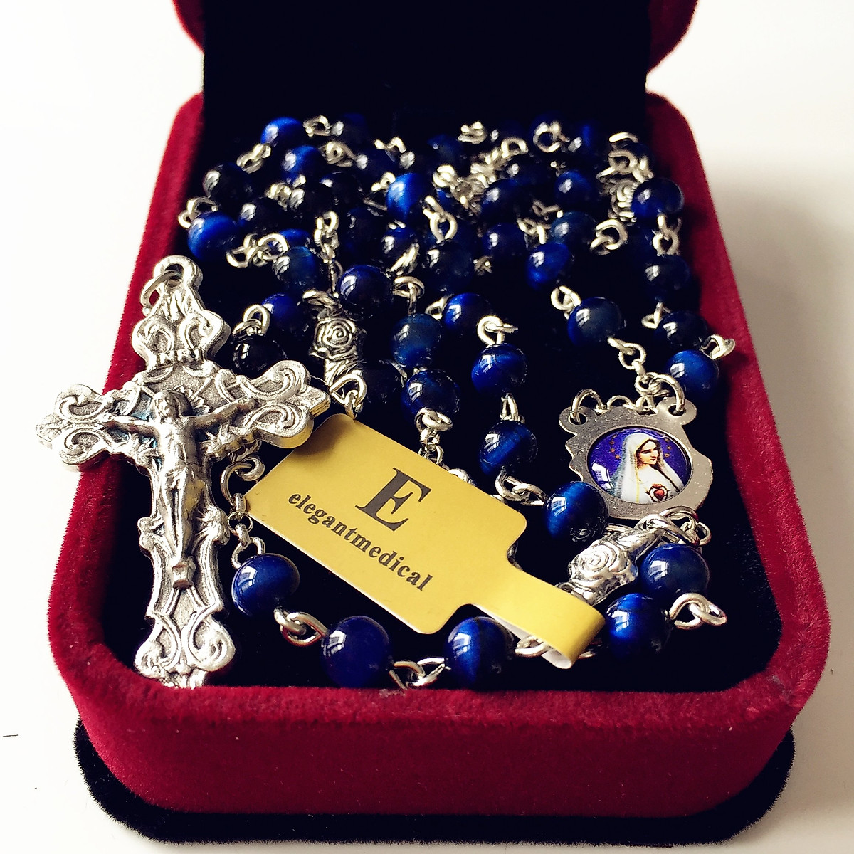 elegantmedical HANDMADE Blue Tiger Eye Beads & Silver Rose Beads ROSARY CROSS Crucifix Necklace box