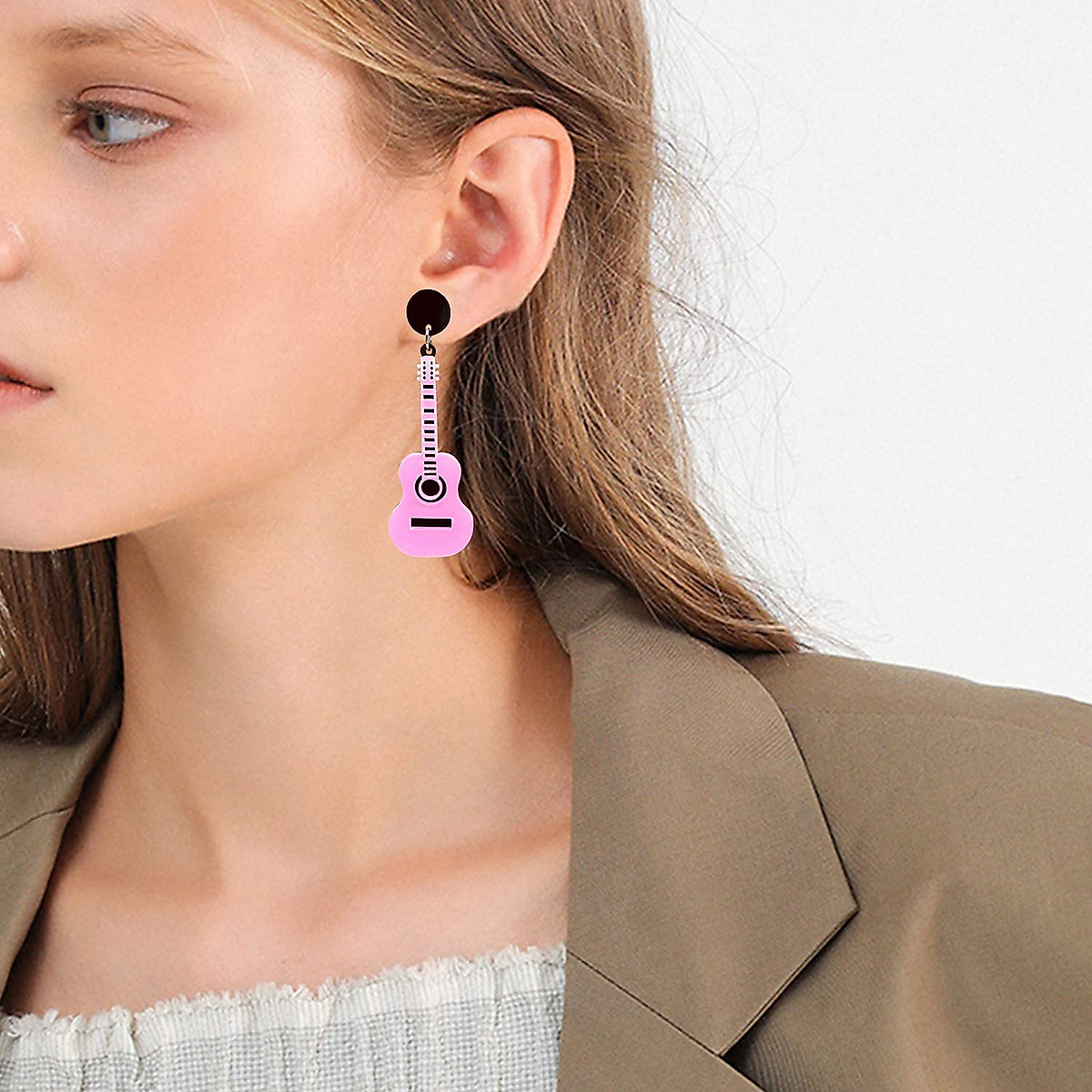 Acrylic Cute Music Bass Electric Guitar Earrings Charms Instrument Drop Dangle Jewelry Gifts for Women (Pink)