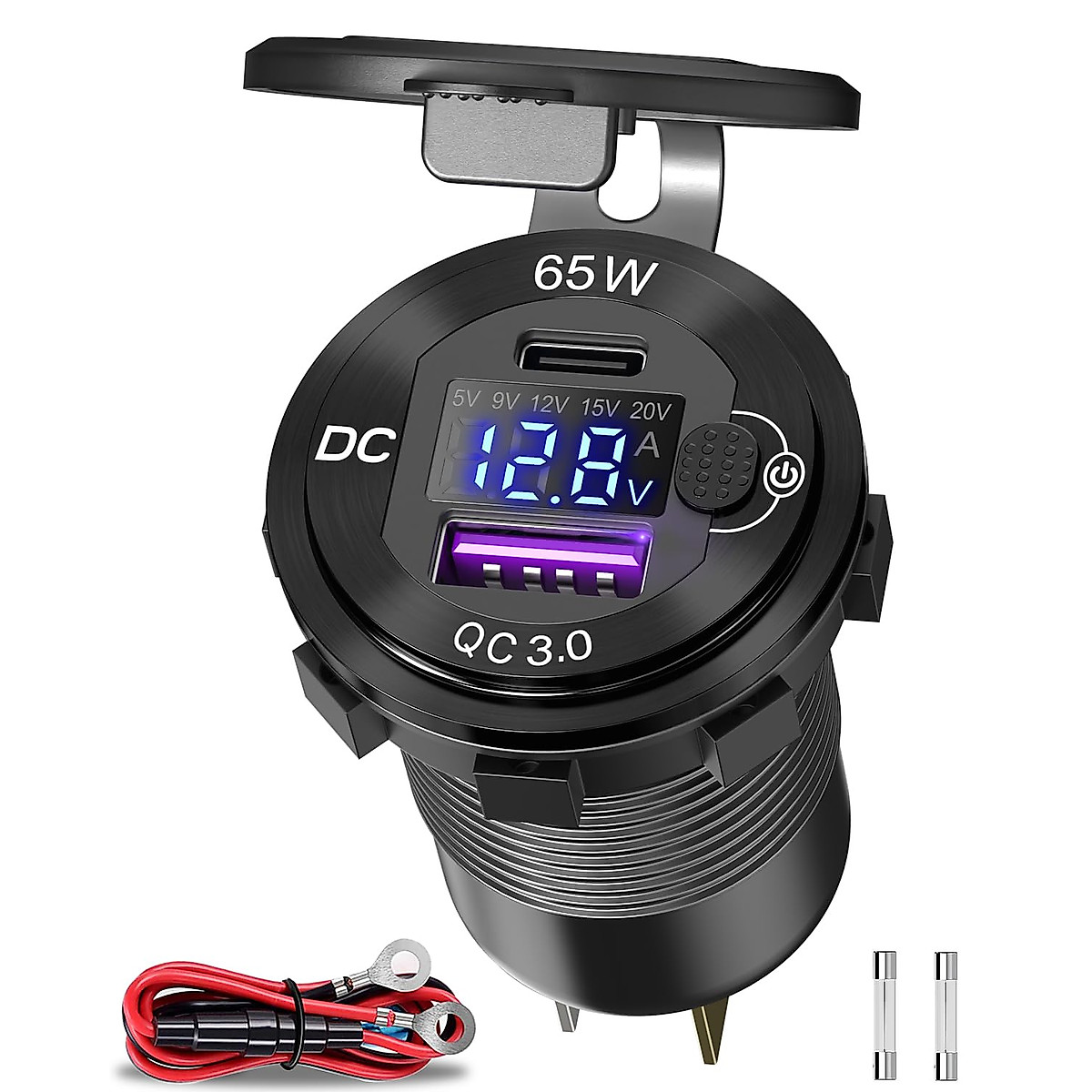 83W 12V USB Power Outlet, Qidoe Aluminum 65W PD USB-C Laptop Charger Socket and 18W QC3.0 Car USB Port with Digital Voltmeter Button Switch Smart Boosting 12V USB Outlet for Car RV Marine Boat Moto