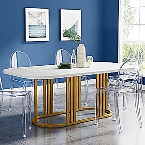 Tribesigns Gold Dining Table for 6, 71” Modern White Kitchen Table, Rectangular Dining Room Table with Heavy Duty Oval-Shaped Metal Frame, White/Gold