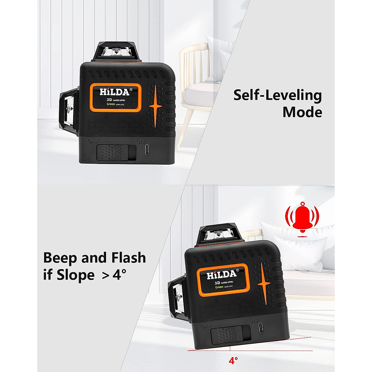 HILDA 4x360°Laser Level 16 Lines Green Line Laser Self Leveling with Alarm, 2x360° Vertical and 2x360°Horizontal laser level, Rechargeable Li-ion battery, for Indoor and Outdoor Construction (AM04)